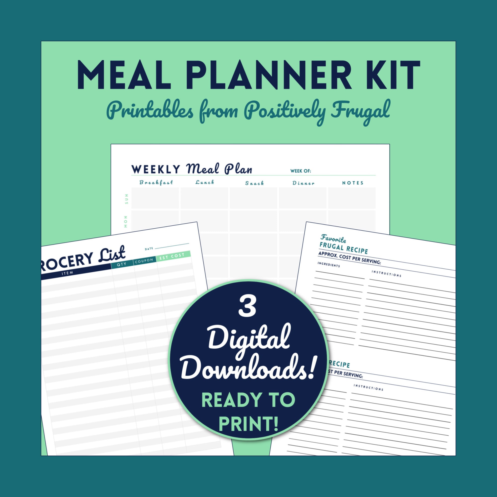 Meal Planner Kit Digital Download, Meal Plan Calendar, Grocery List ...