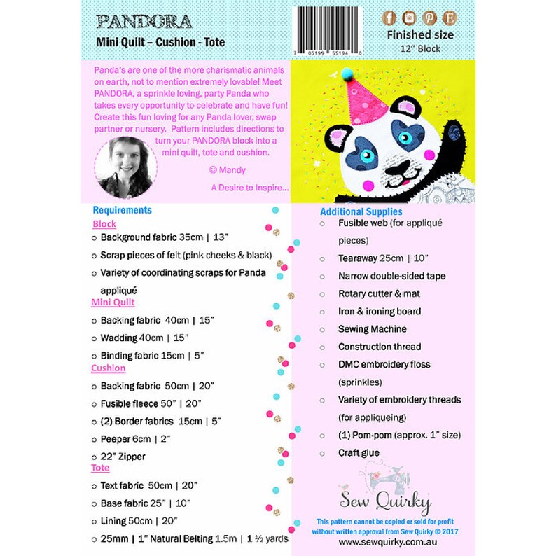 Pandora the Panda Appliqué Pattern-sew Quirky - Etsy