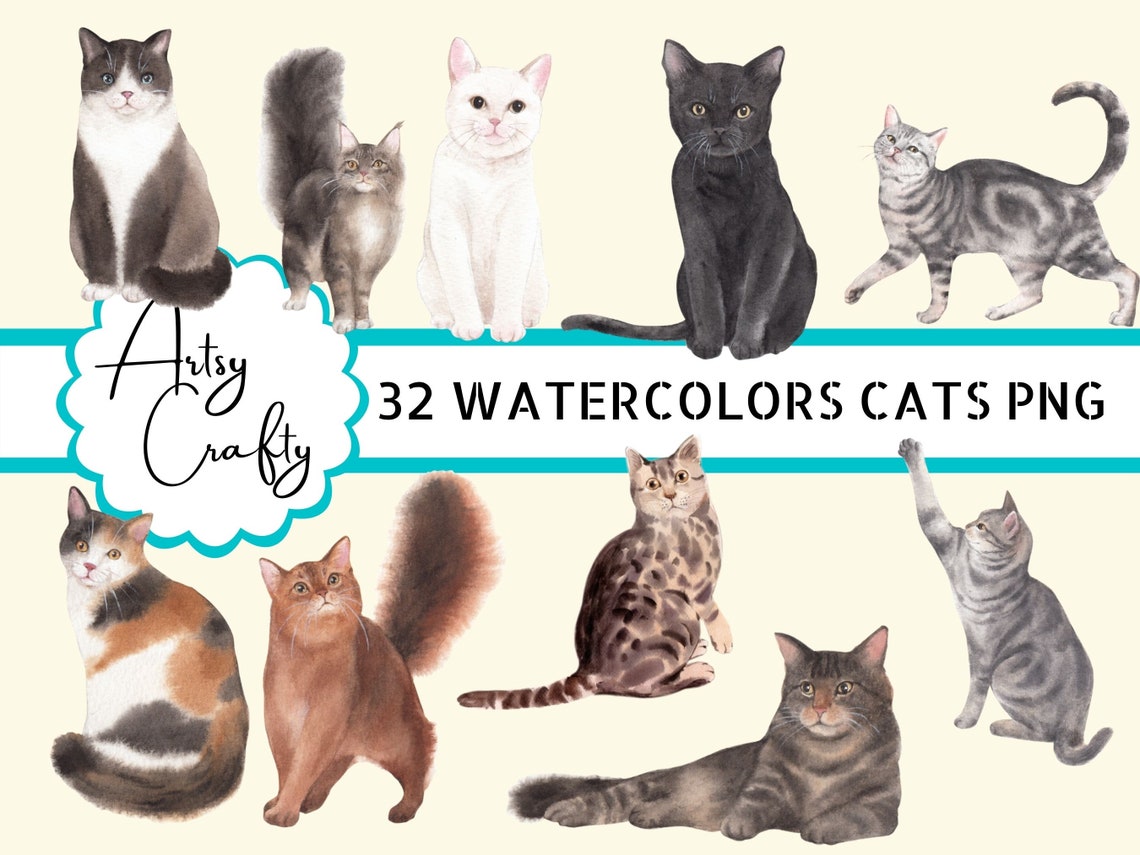 32 Watercolor Cats Cliparts in PNG Format, Cat Clip Art, Junk Journal ...