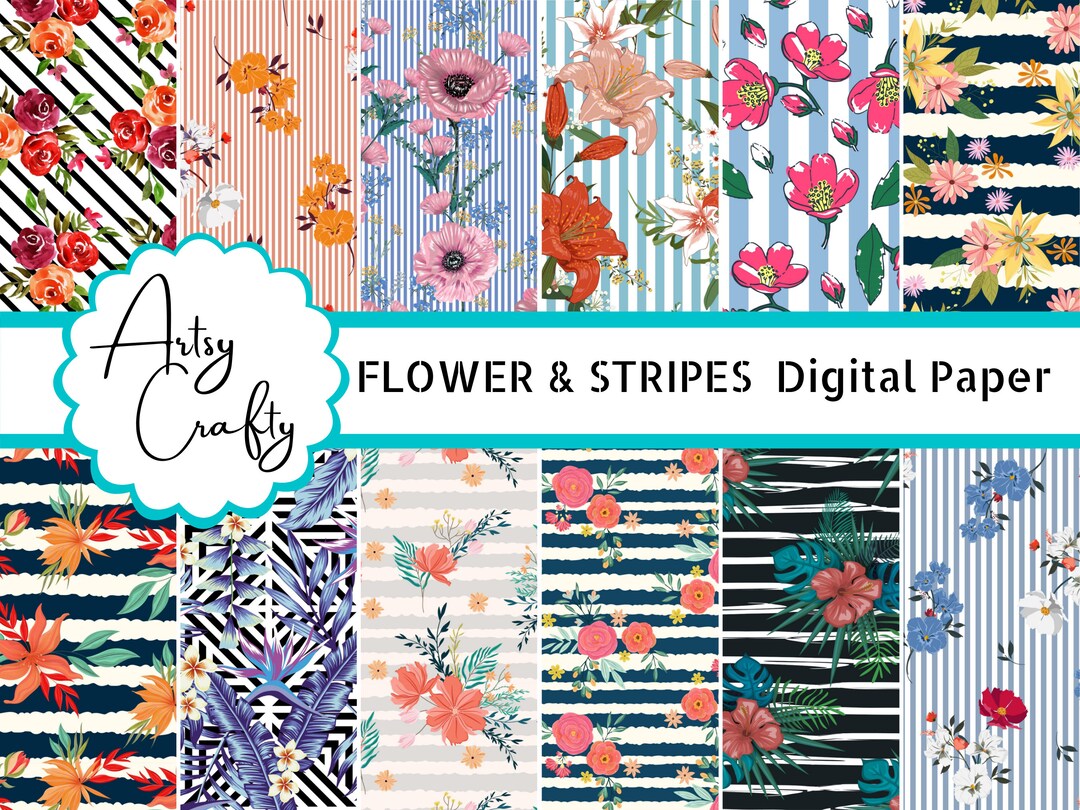 Flowers and Stripes Digital Paper, Scrapbooking Digital Paper Pack ...