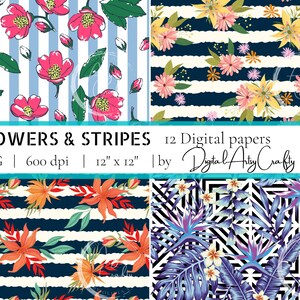 Flowers and Stripes Digital Paper, Scrapbooking Digital Paper Pack ...