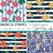 Flowers and Stripes Digital Paper, Scrapbooking Digital Paper Pack ...