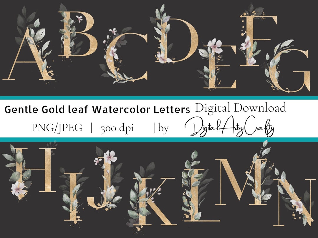 Gold Watercolor Clipart / Letters, Hand Drawn Watercolor Leaves, Format ...