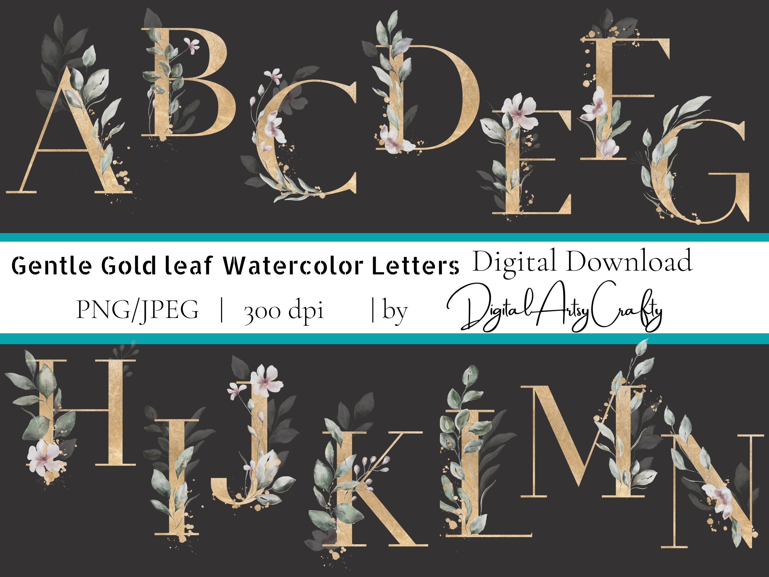 Gold Watercolor Clipart / Letters, Hand Drawn Watercolor Leaves, Format ...