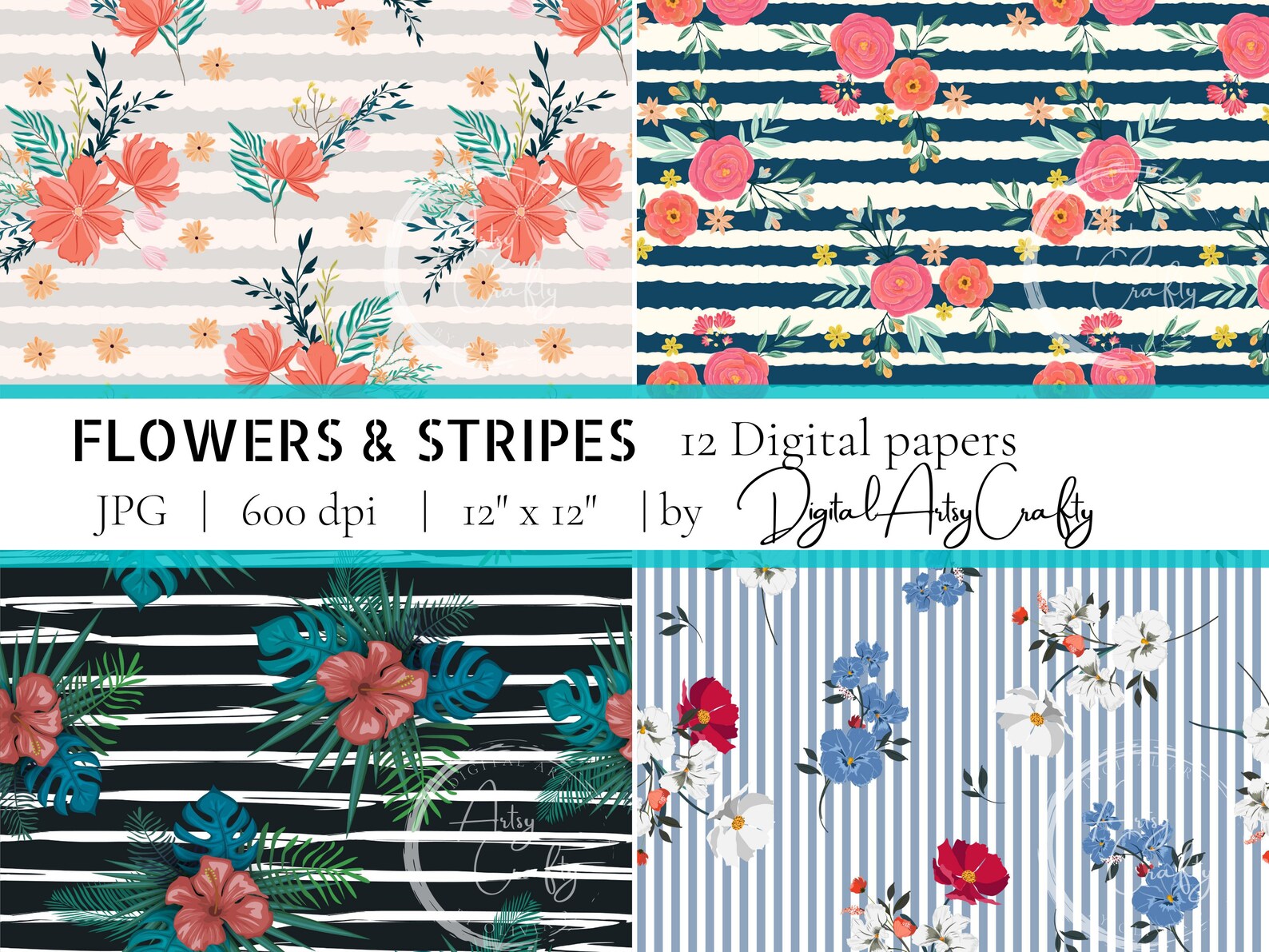 Flowers and Stripes Digital Paper, Scrapbooking Digital Paper Pack ...