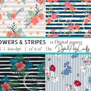Flowers and Stripes Digital Paper, Scrapbooking Digital Paper Pack ...
