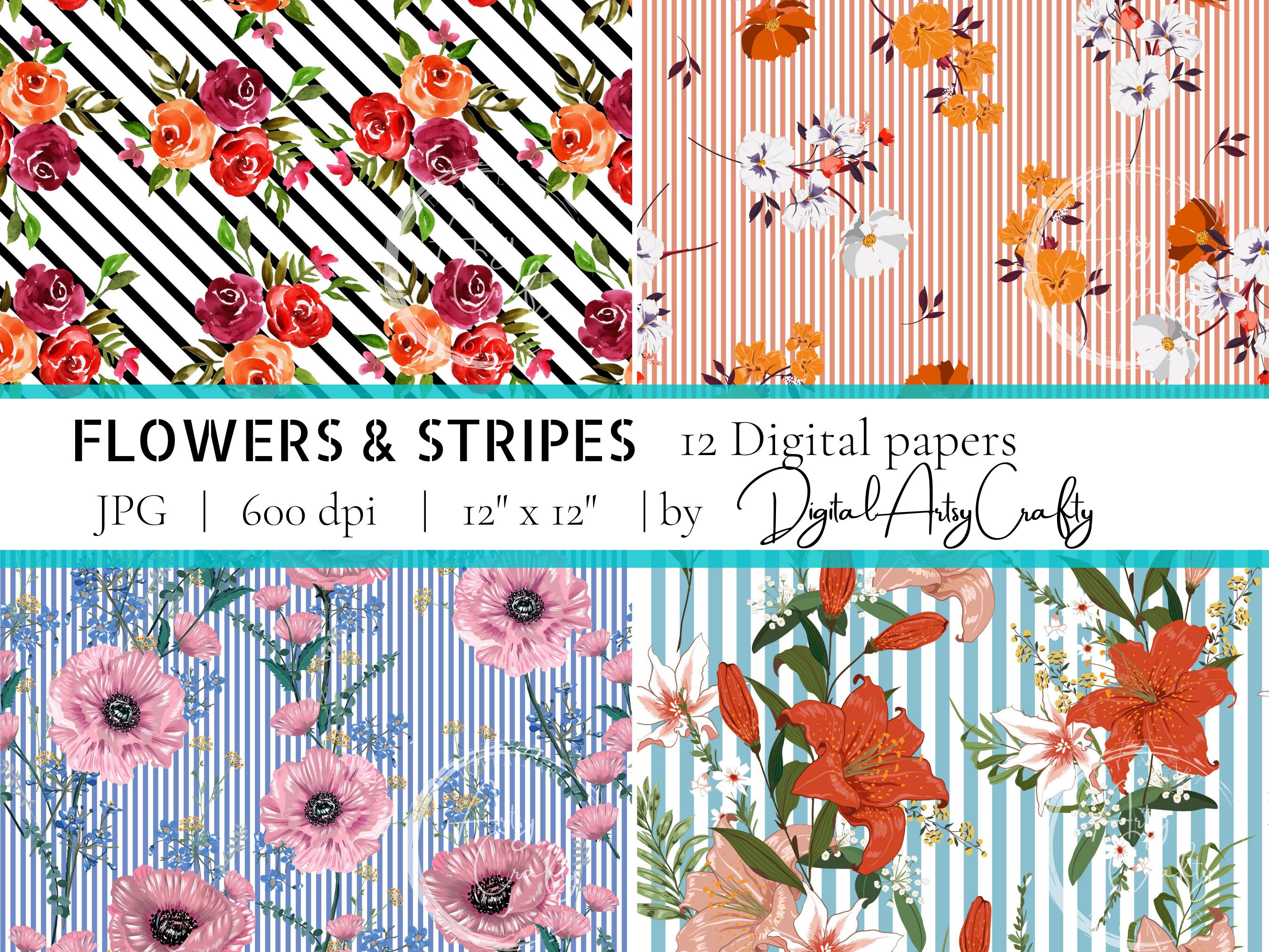 Flowers and Stripes Digital Paper, Scrapbooking Digital Paper Pack ...