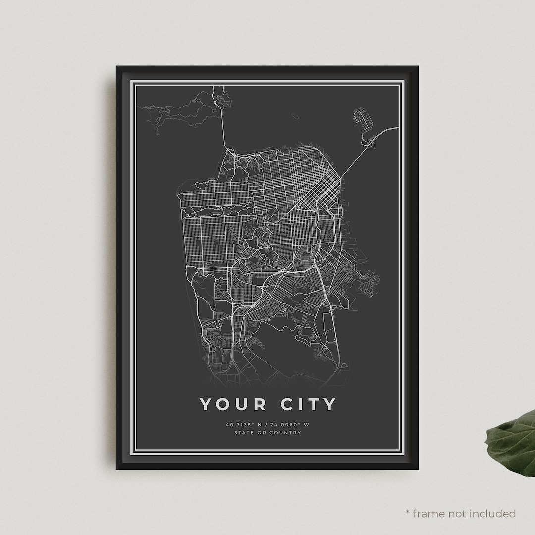 Personalized Map Print, Custom Black Map Poster, Personalized Dark Map ...