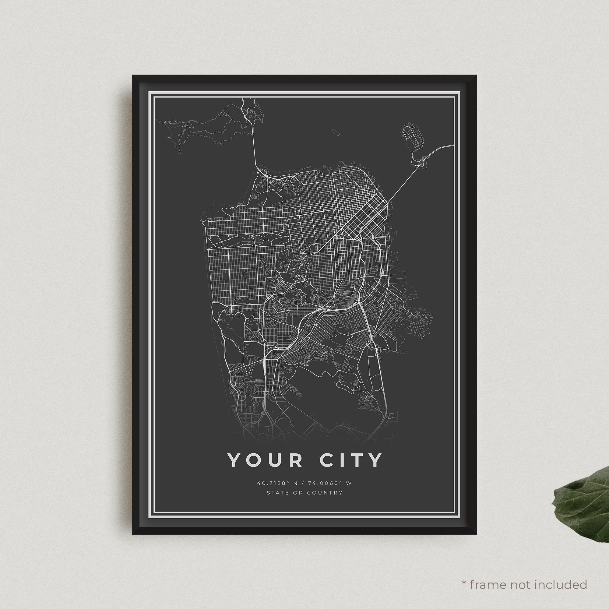 Set of 4 ANY CITY Black Map Posters, Personalized Dark Minimalist Map ...