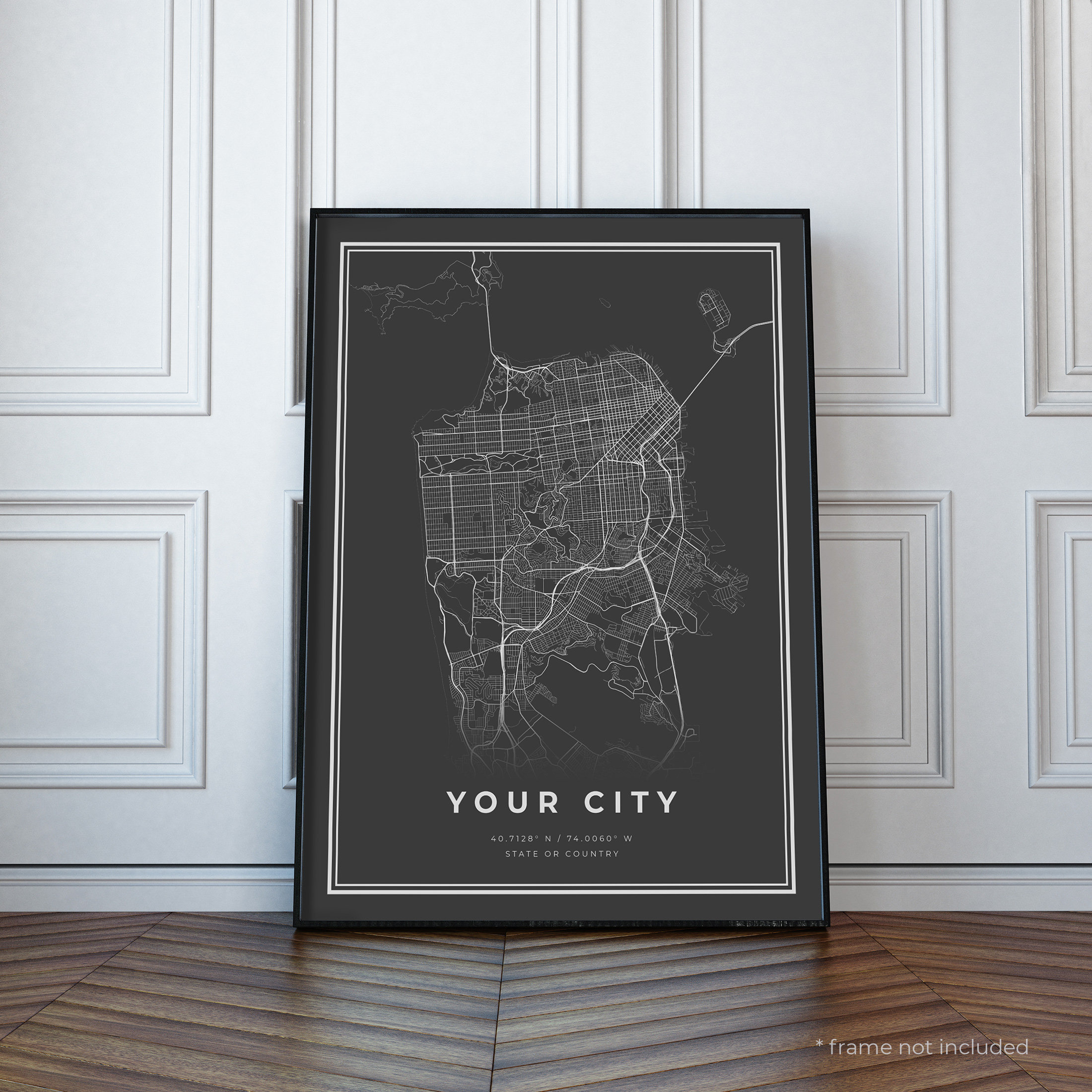 Set of 4 ANY CITY Black Map Posters, Personalized Dark Minimalist Map ...