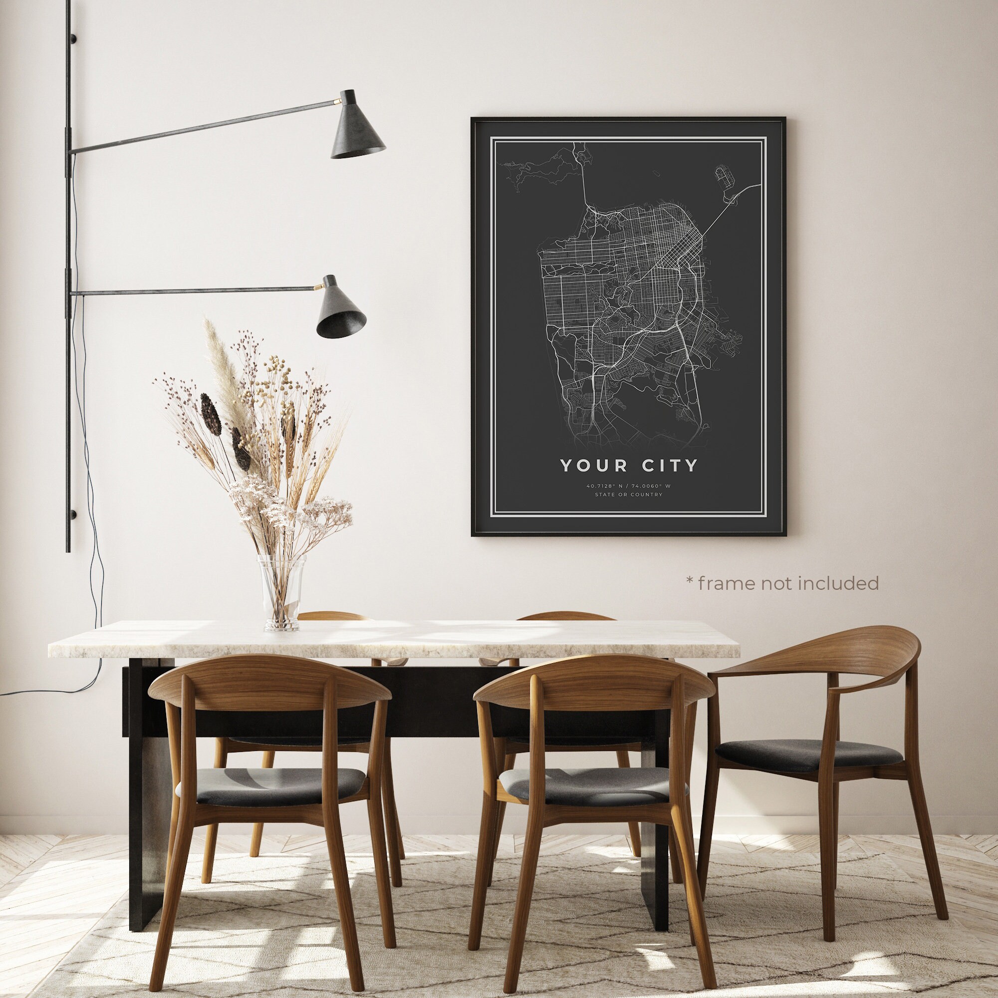 Set of 4 ANY CITY Black Map Posters, Personalized Dark Minimalist Map ...
