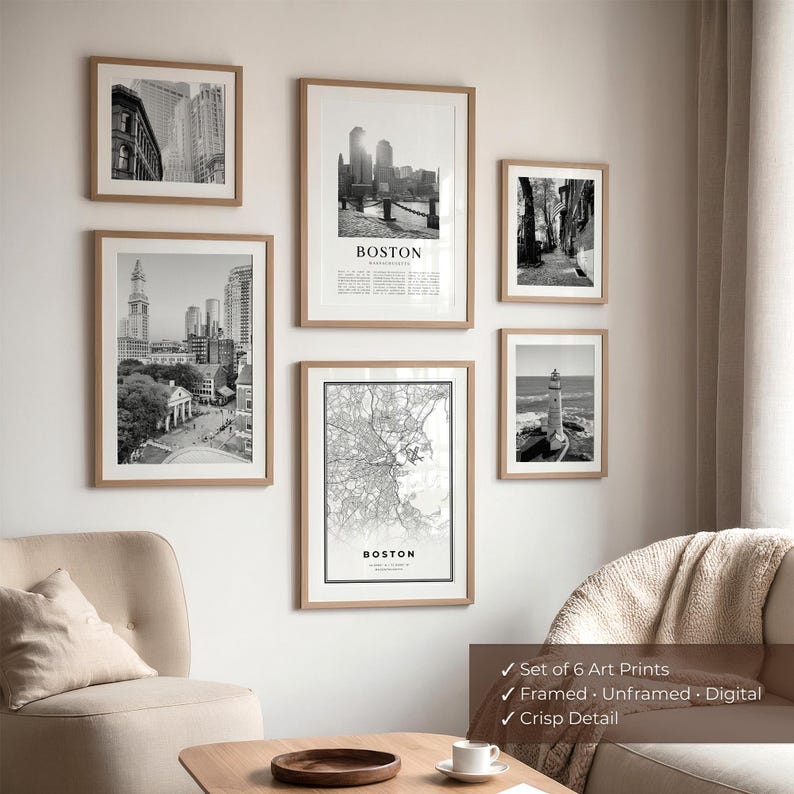 Boston Gallery Wall Art - Set of 6, Boston Black and White Photo ...
