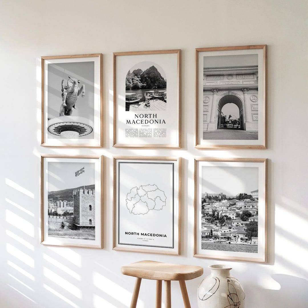 North Macedonia Gallery Wall Art - Set of 6, North Macedonia Black and ...