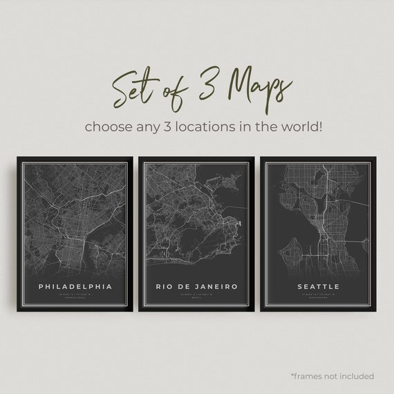 Set of 3 ANY CITY Black Map Posters Personalized Dark Map - Etsy