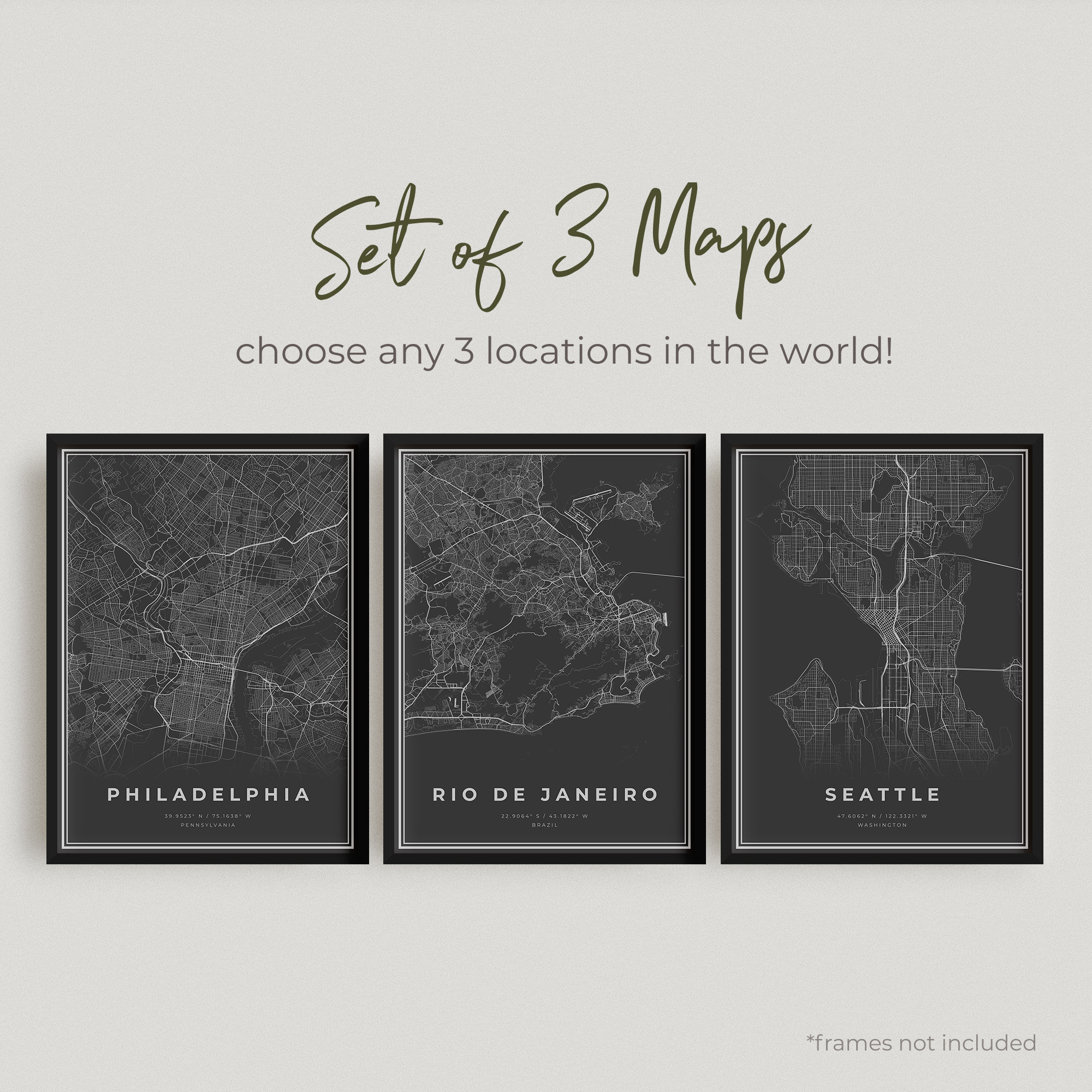 Set of 3 ANY CITY Black Map Posters Personalized Dark Map - Etsy