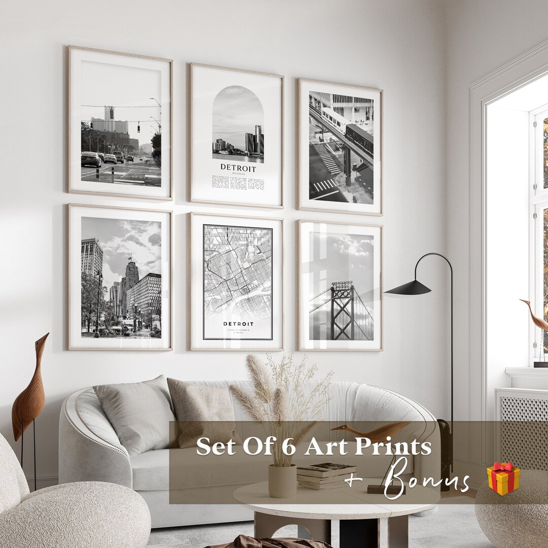 Detroit Gallery Wall Art - Set of 6, Detroit Black and White Photo ...
