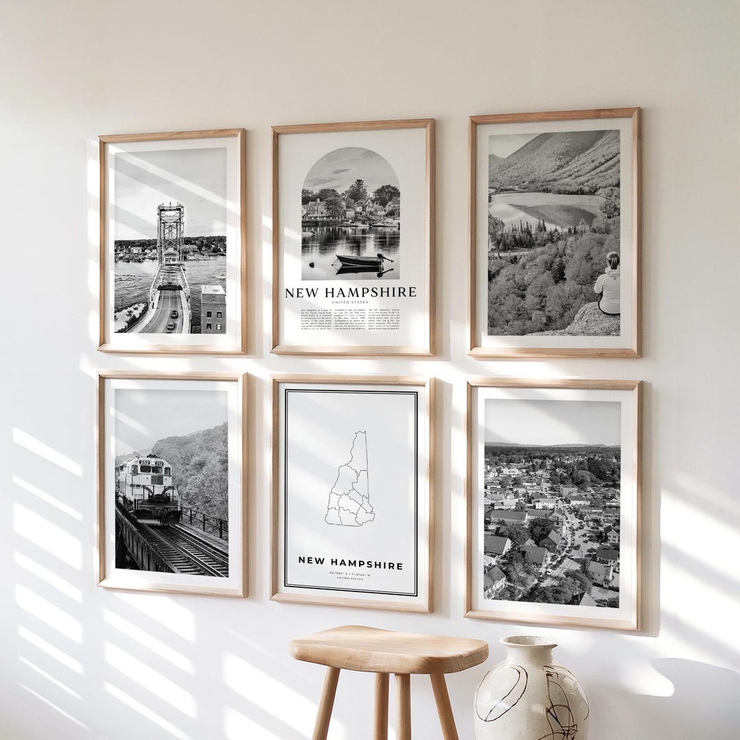 New Hampshire Gallery Wall Art - Set of 6, New Hampshire Black and ...
