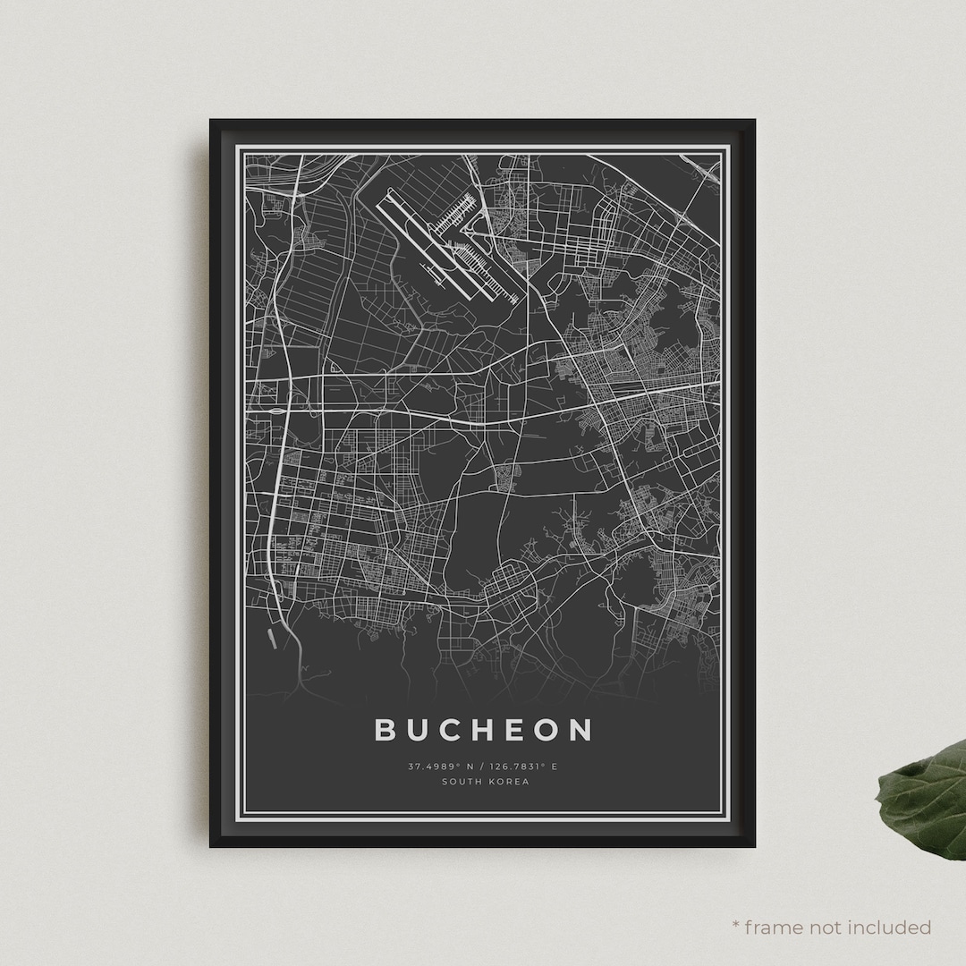 Bucheon Map Print, Bucheon Black Map Poster, Bucheon Dark Map Poster ...