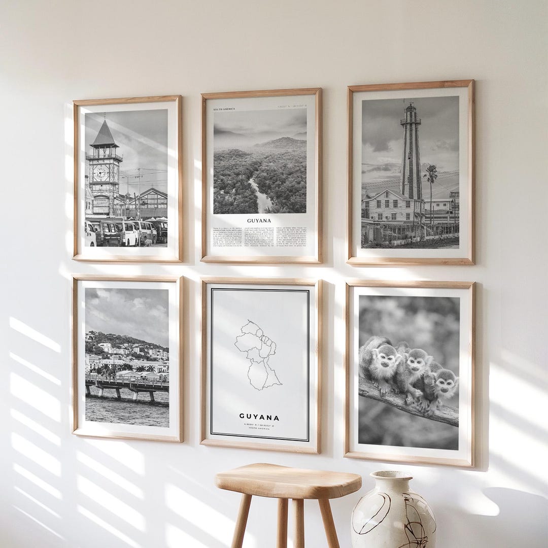 Guyana Vintage Gallery Wall Art - Set of 6, Guyana Black and White ...