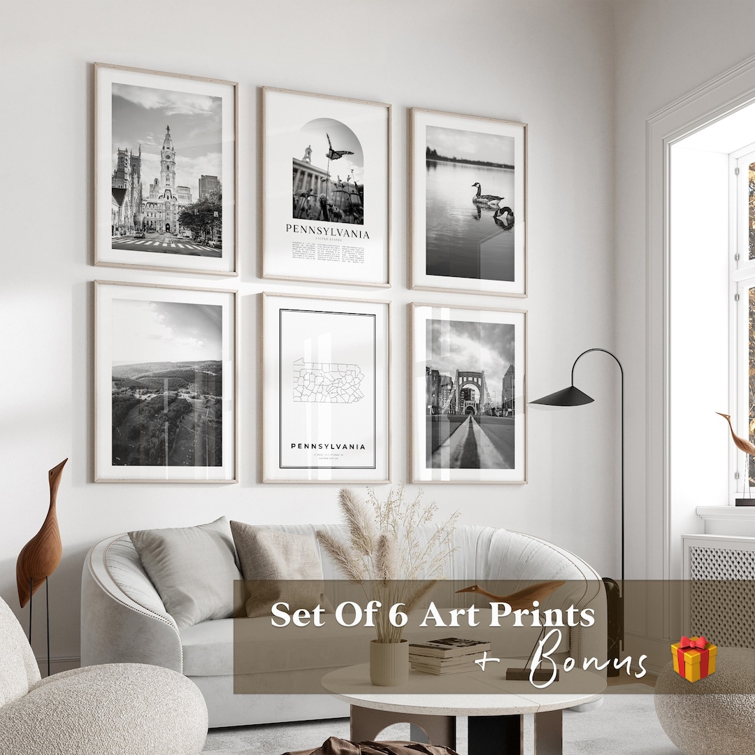 Pennsylvania Gallery Wall Art - Set of 6, Pennsylvania Black and White ...