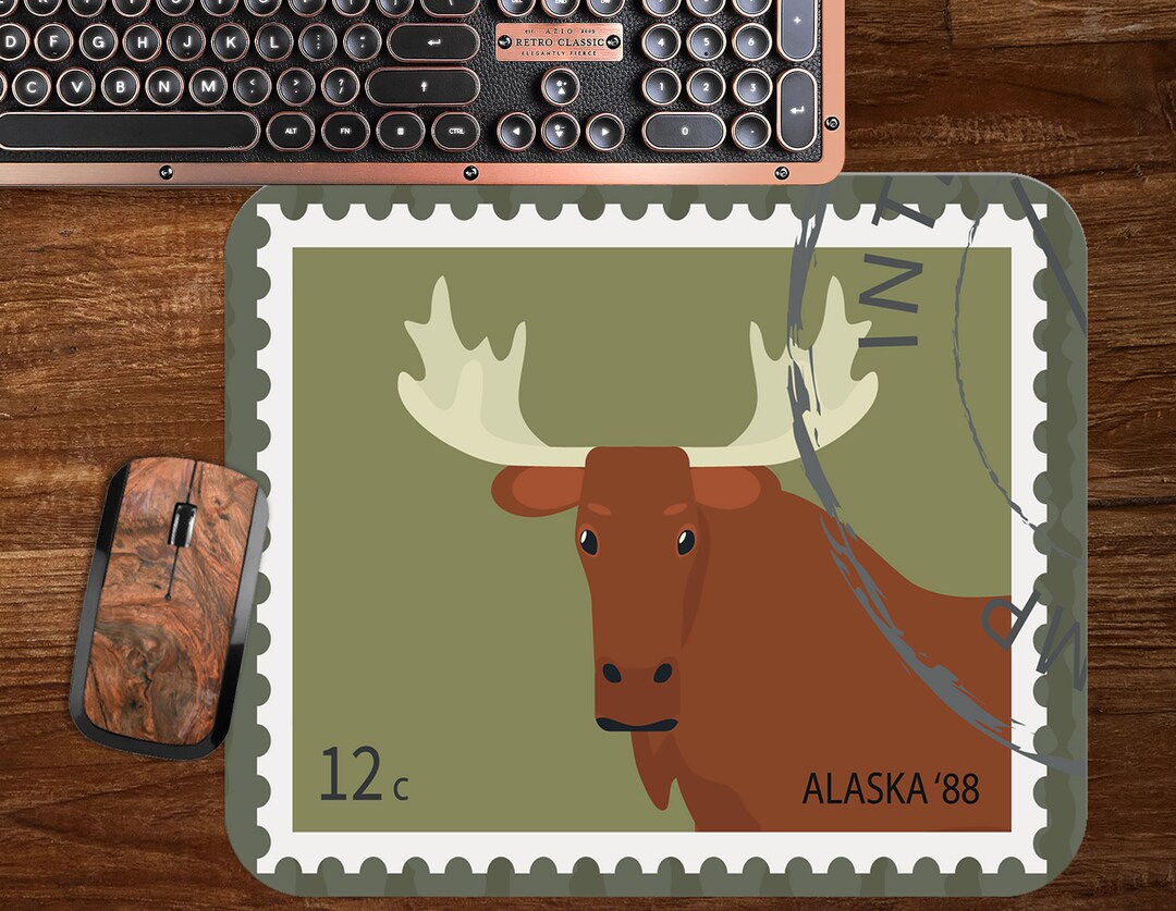 Moose Mouse Pad, Vintage Stamp Mousepad, Green Brown Retro Alaska ...