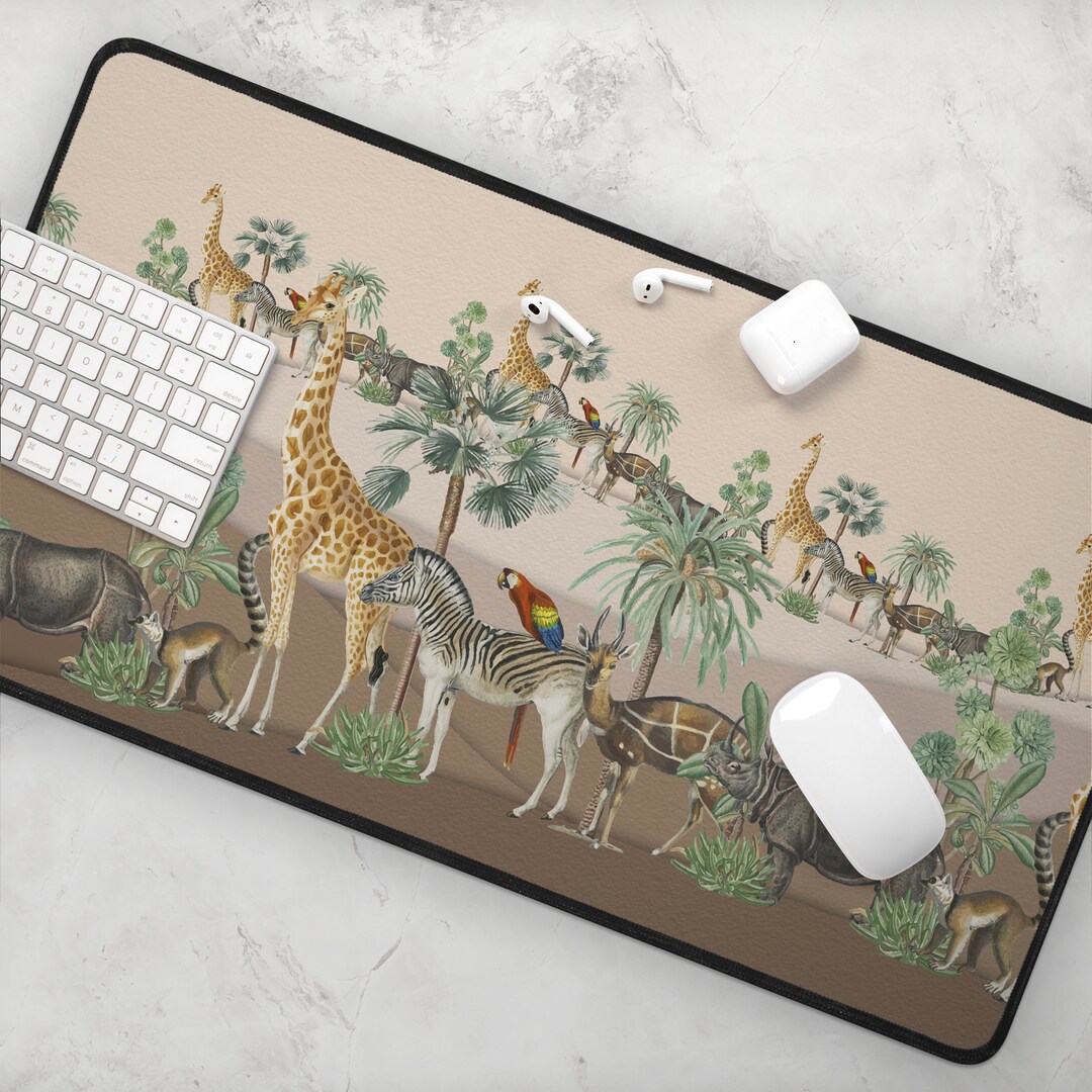 African Safari Animal Desk Mat, Vintage Green, Beige & Brown Giraffe ...