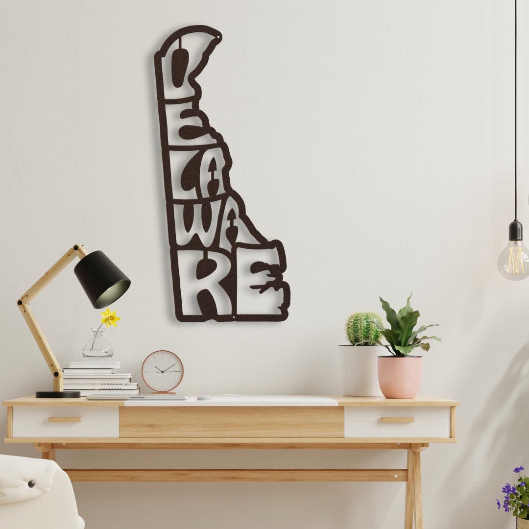 Delaware Sign Metal Wall Art, Delaware Metal Outline Retro Font State ...