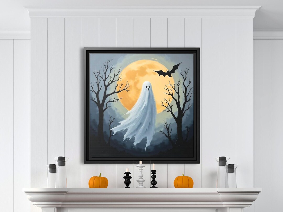 Spooky Ghost & Bat Halloween Art Print on Framed Canvas or Poster ...