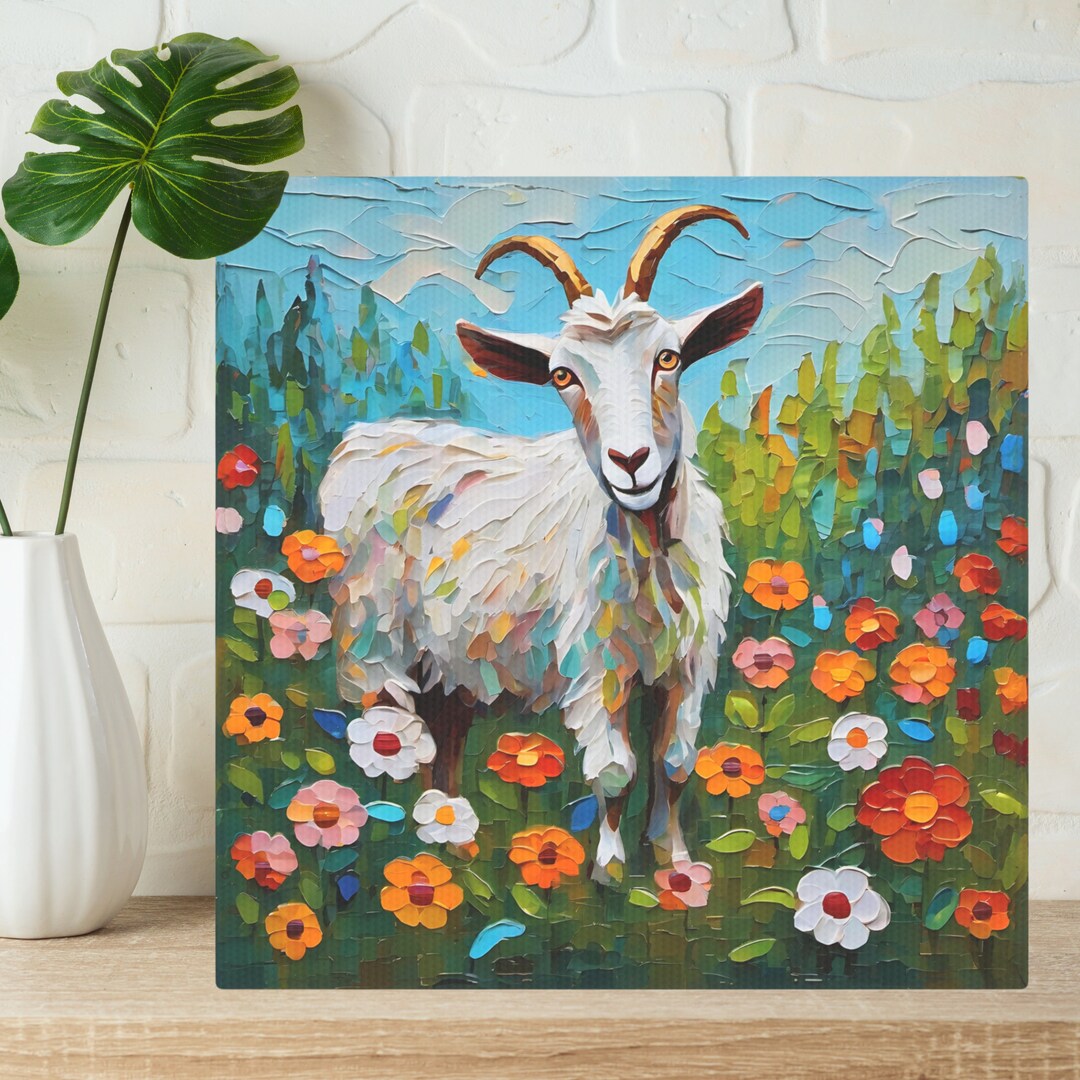White Goat Art Print, Ceramic Tile or Canvas Wall Art, Original Oil ...