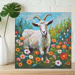 White Goat Art Print, Ceramic Tile or Canvas Wall Art, Original Oil ...