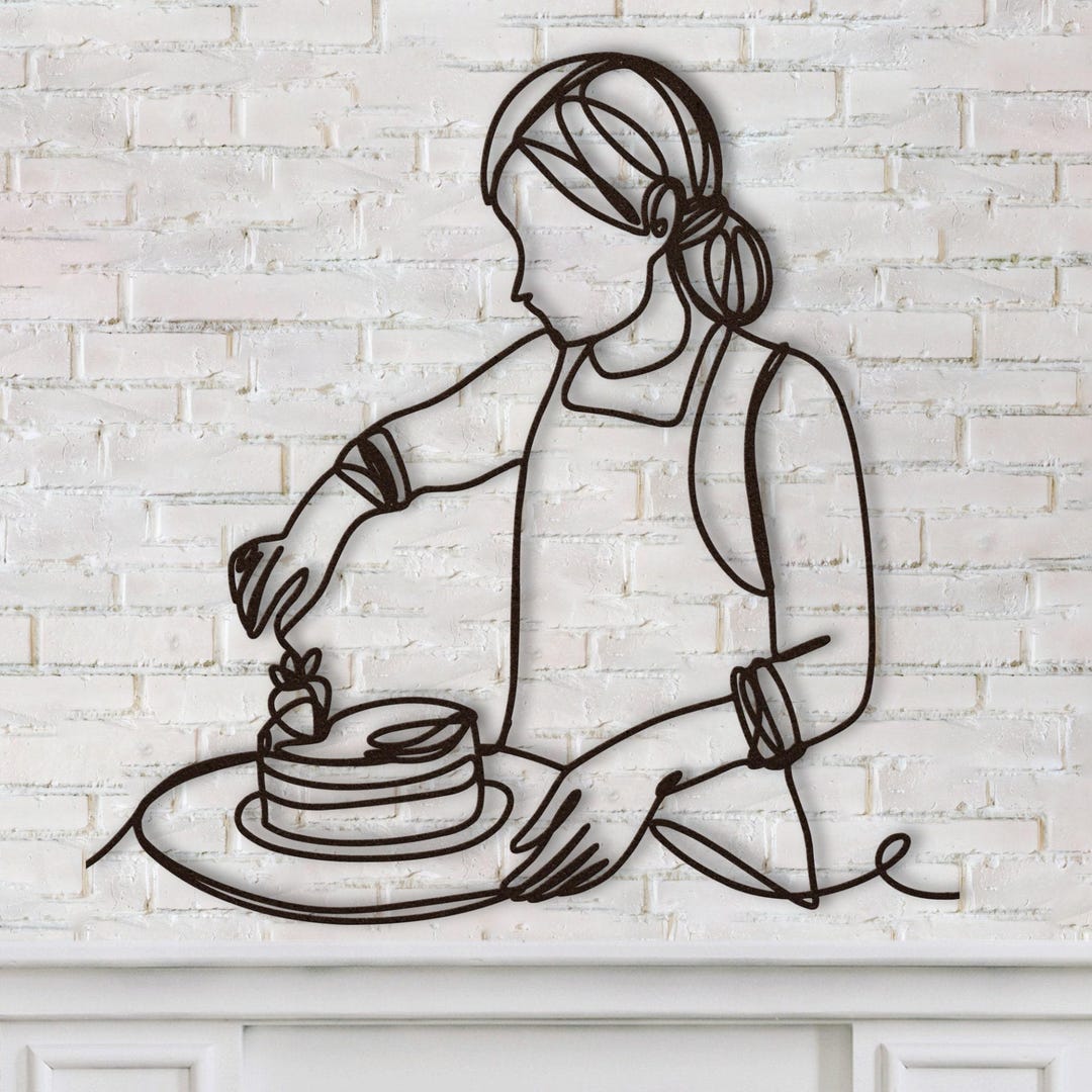 Cake Baker Metal Wall Art, Metal Bakery Sign, Metal Minimalist Line Art ...