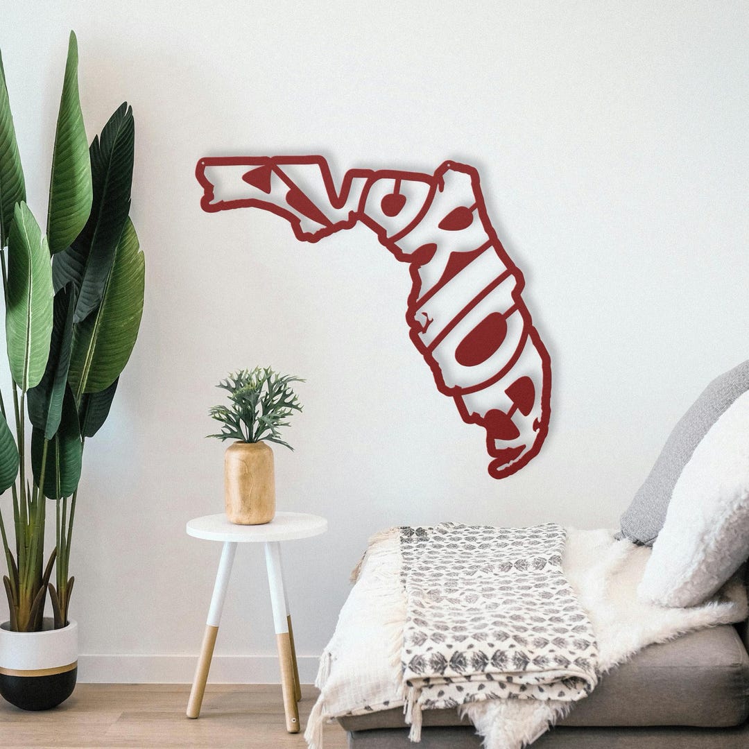 Florida Wall Art Metal Sign, Retro Florida State Shaped Silhouette Name ...