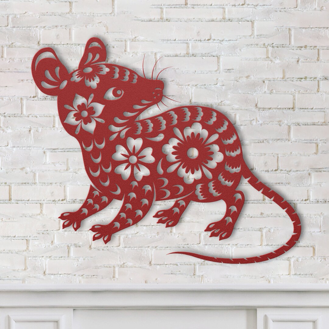 Year of the Rat Chinese Zodiac Metal Wall Art, Floral Papercut Style ...