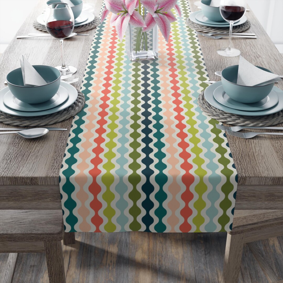 Midcentury Table Runner and Placemat Set, Colorful Retro Geometric Mid ...