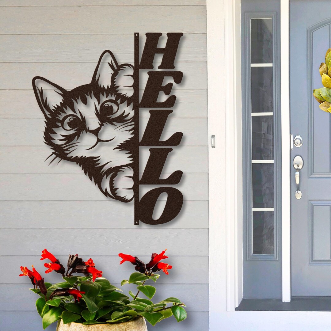 Metal Hello Sign, Funny Cat Welcome Sign for Front Door Porch Year ...