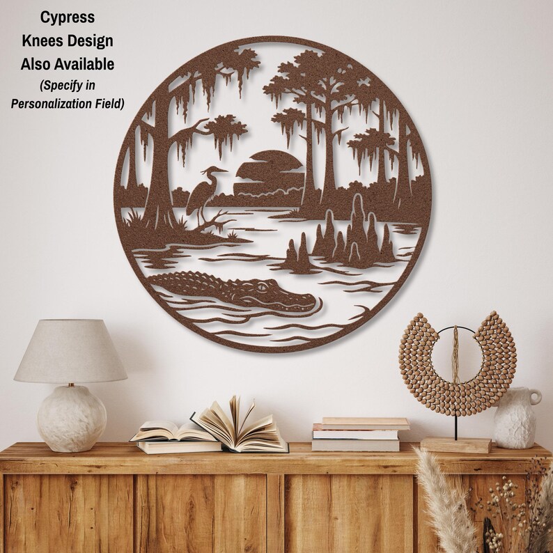 Rustic Bayou Metal Wall Art, Louisiana Swamp Scene With Alligator ...