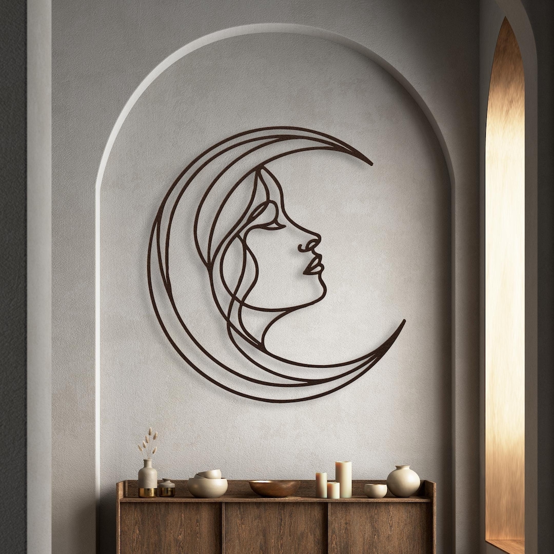 Crescent Moon Wall Art, Metal Woman and Moon Wall Art, Woman's Face Art ...
