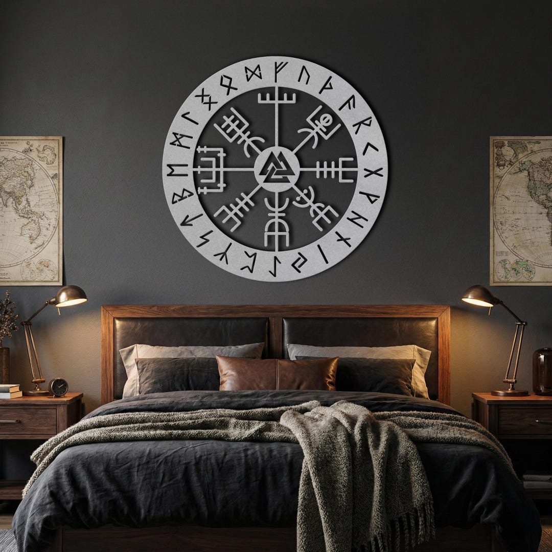 Viking Compass Metal Wall Art • Vegvisir Wayfinder Sign • Nordic Runes ...
