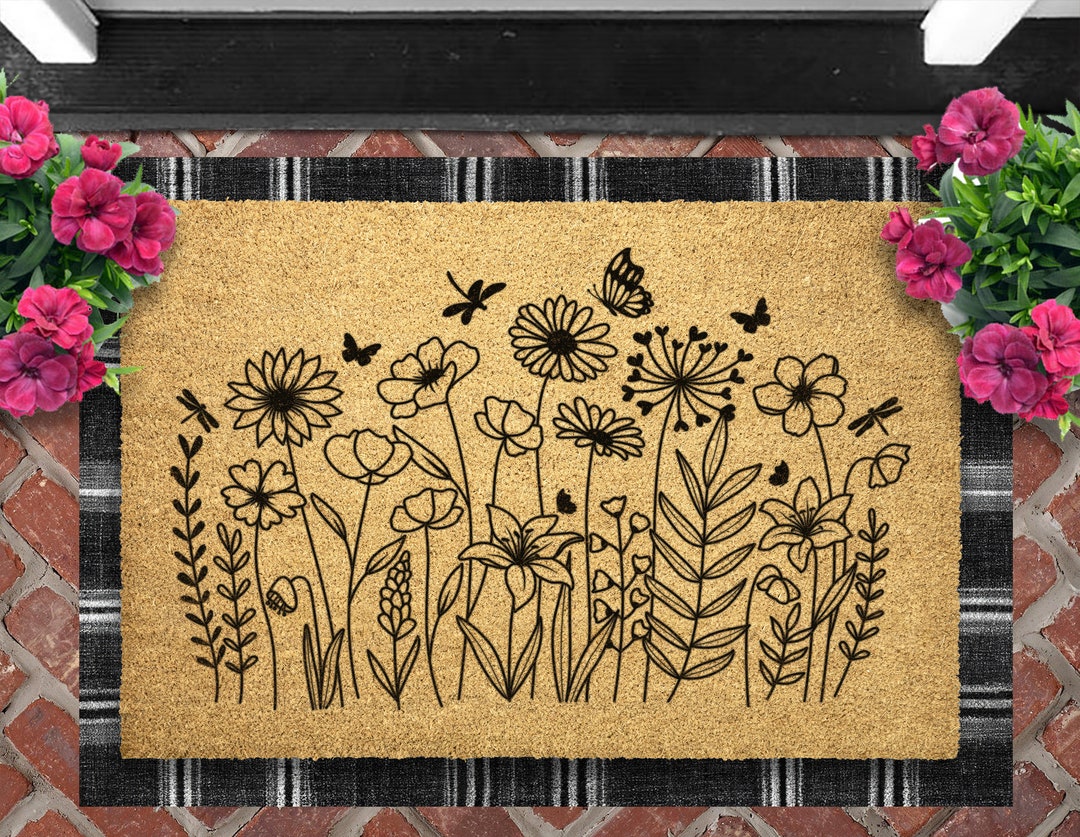 Wildflower Doormat: Butterfly & Dragonfly Floral Welcome Mat Coir ...