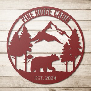 Mountain Scene Metal Sign Wall Art, Bear in Pine Tree Forest Metal ...