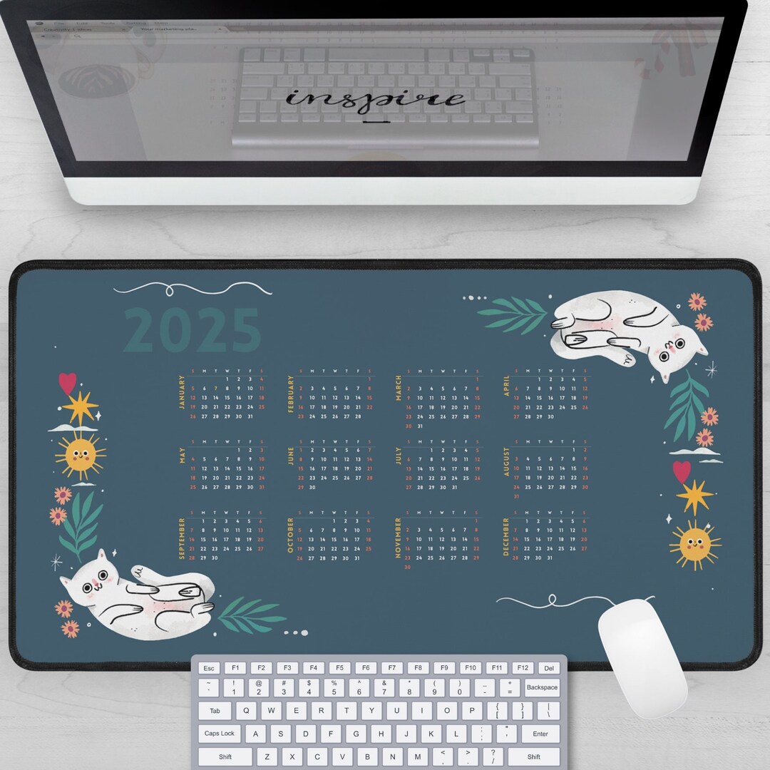 2025 Desk Calendar Desk Mat, Cute Cat Calendar Desk Pad, Large Dark ...