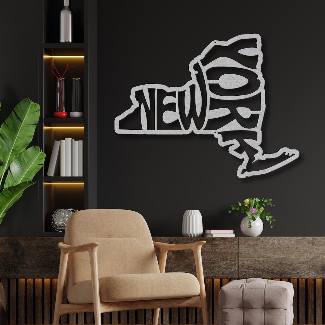 New York Wall Art Metal Sign, Retro New York Outline Silhouette State ...
