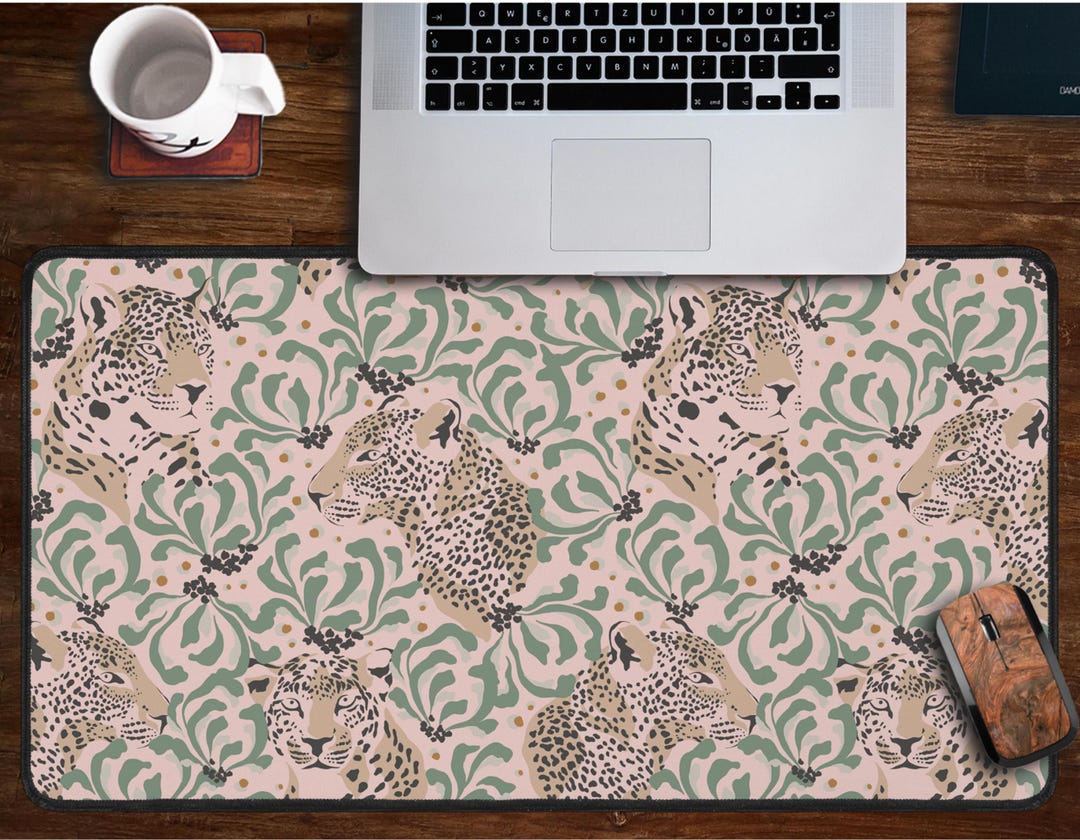 Leopard Desk Mat, Blush Pink and Green Deskmat, Botanical Palm Leaf ...