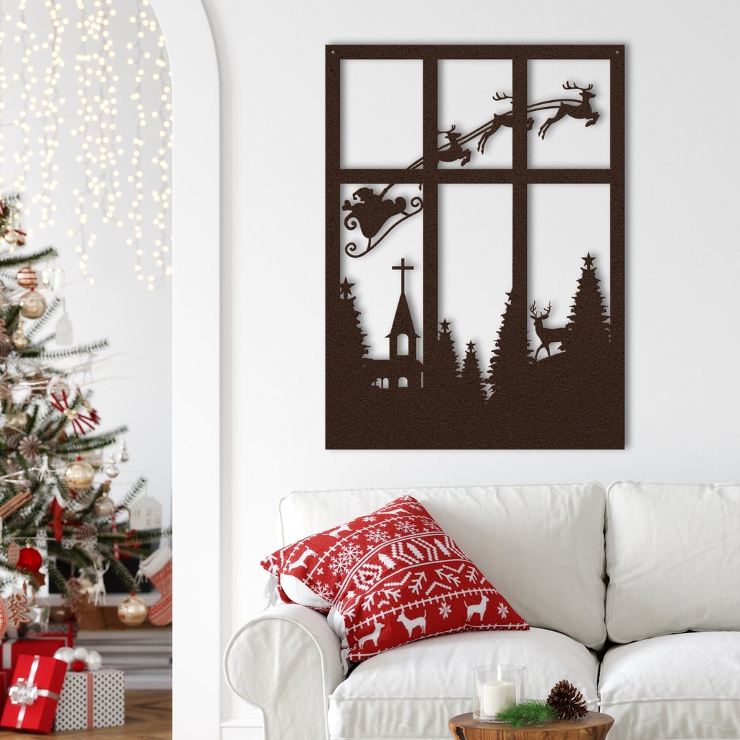 Christmas Metal Wall Art, Santa's Sleigh & Reindeer Over Village Metal ...
