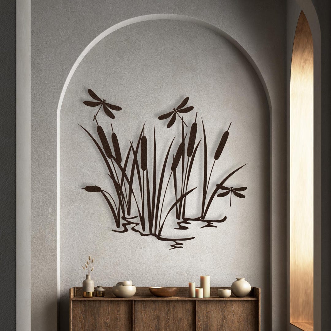 Metal Cattails and Dragonfly Wall Art, Metal Dragonfly Wall Decor ...