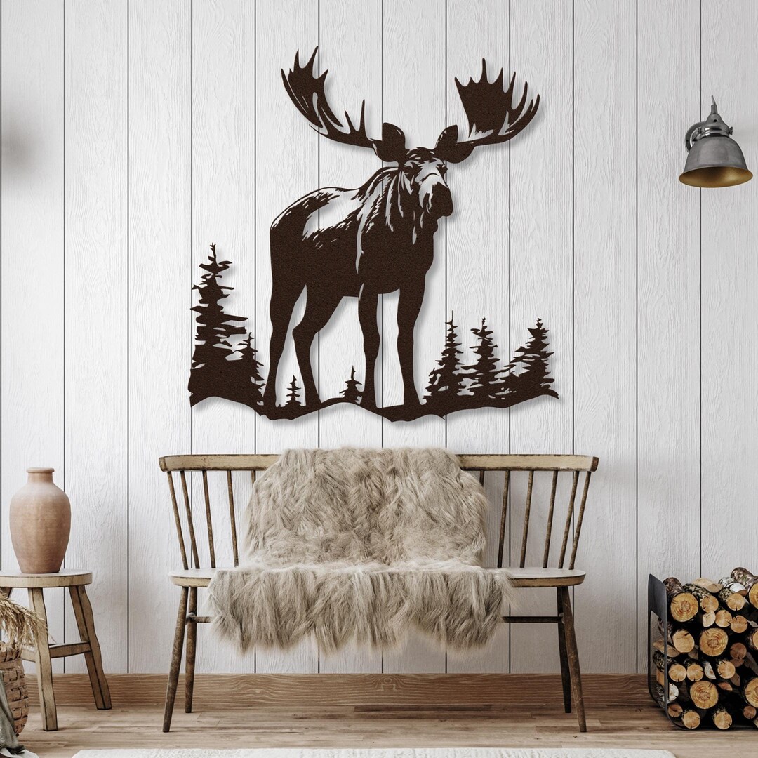 Metal Moose Wall Art, Metal Nature Scene, Metal Pine Tree Forest Wall ...