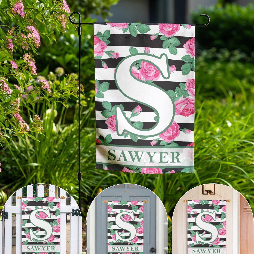 Preppy Garden Flag, Custom Monogram Door Hanger, Rose Flower Seasonal ...