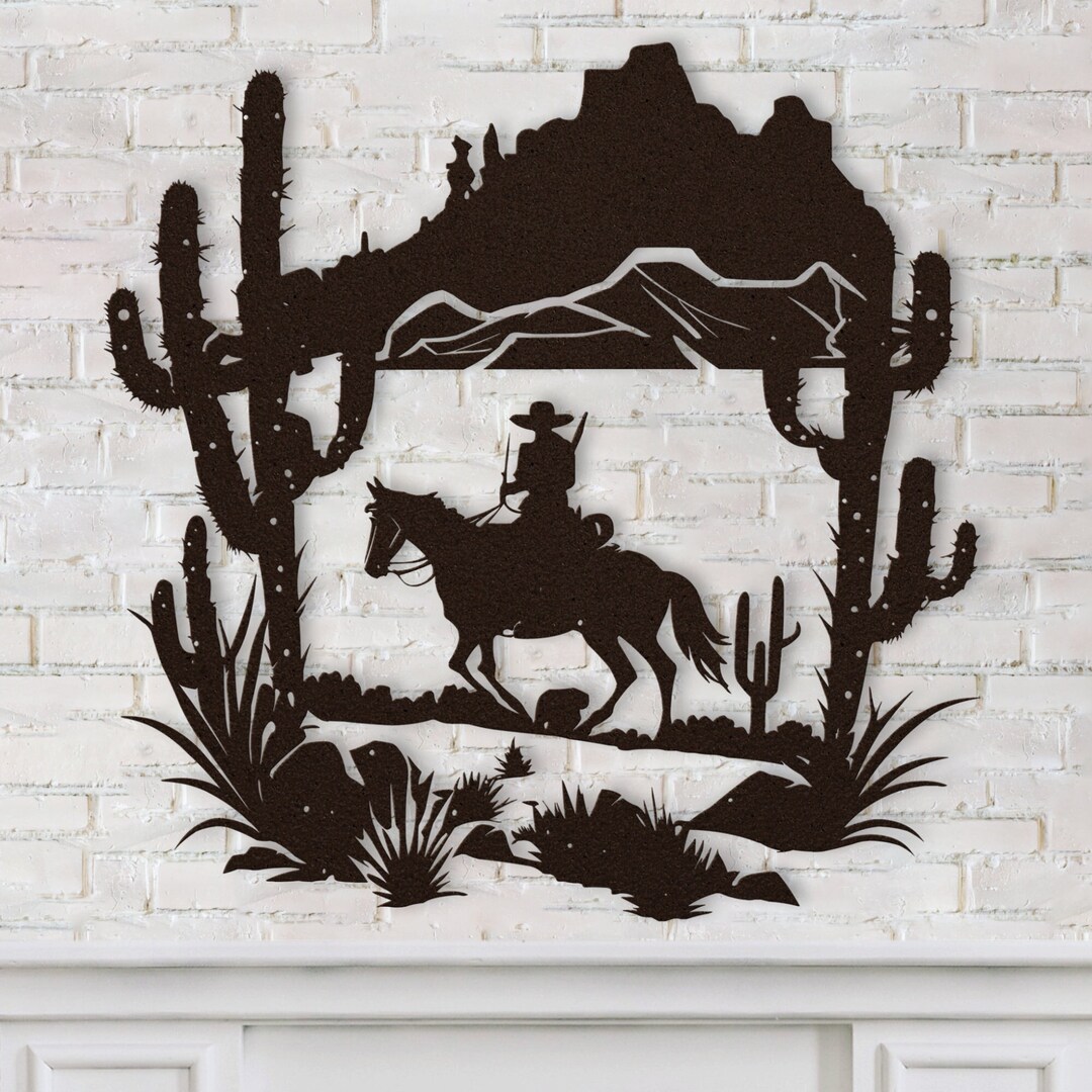 Western Metal Wall Art, Cowboy Wall Hanging, Desert Scene Metal Sign ...