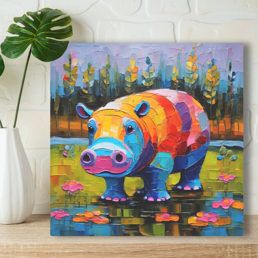 Hippo Art Print, Ceramic Tile or Canvas Wall Art, Original Oil Painting ...
