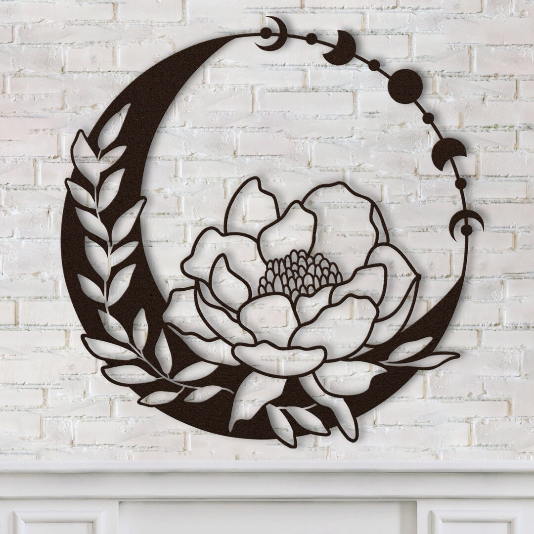 Flower Moon Metal Wall Art, Crescent Moon Phase Wall Hanging, Botanical ...